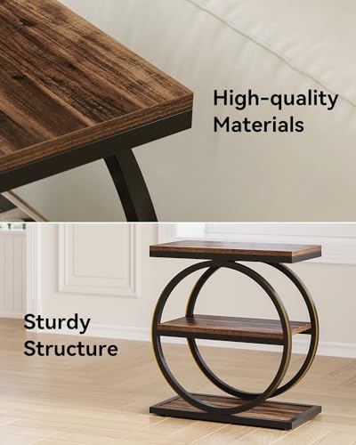 LITTLE TREE End Table, 3-Tier Side Table, Slim Sofa Side Table for Living Room, Tall Bedside Table Nightstand for Bedroom, Rustic Brown and Black