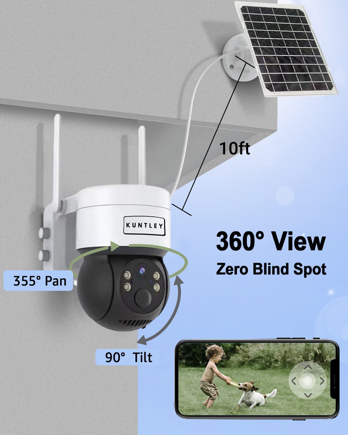 KUNTLEY 4MP UHD Security Cameras Outdoor Wireless Solar Powered,Pan Tilt 360°View Battery WiFi Security Cameras for Home Security,Color Night Vision, 2 Way Talk, IP65 Waterproof SD/Cloud WiFi Camera