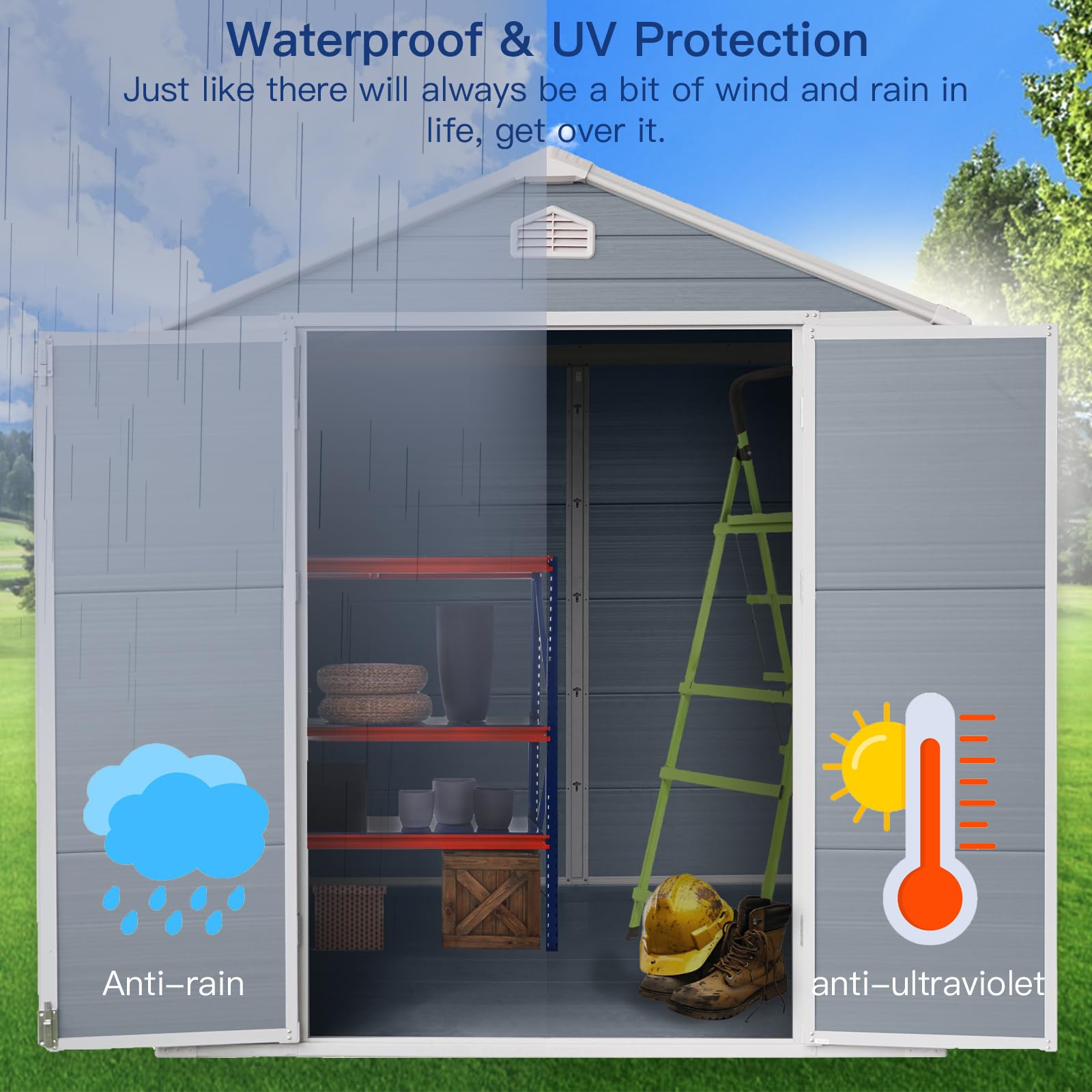 GLANZEND 8x6FT Resin Outdoor Storage Shed with Floor Foundation, Outside Garden Tool House with Side Window and Air Vent, Plastic Strong Structure for Patio Lawn, Garbage Chamber