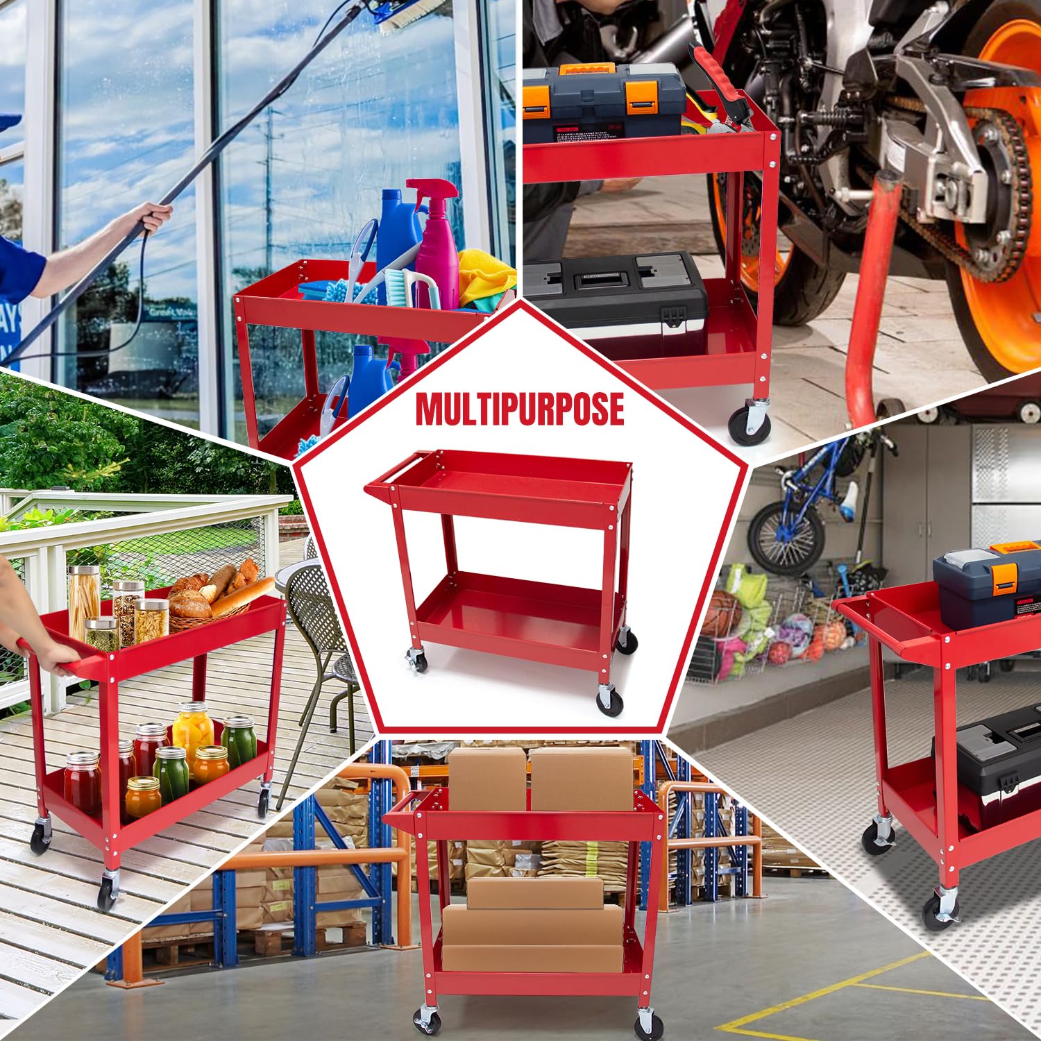 Generic 2 Tier Utility Service Cart 300 lbs, Steel Rolling Tool Cart on Wheels,Load Capacity for Mechanic Garage Warehouse Workshop & Repair Shop,Red