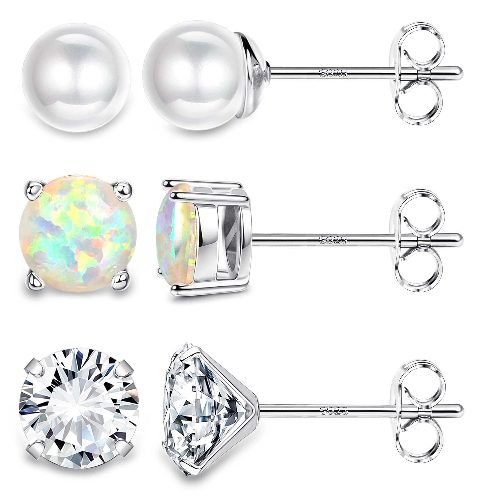 FIASASO 3 Pairs Sterling Silver Stud Earrings for Women Men Teen Hypoallergenic Earrings Pearl Opal CZ Stud Earrings Tiny Stud Earrings Set