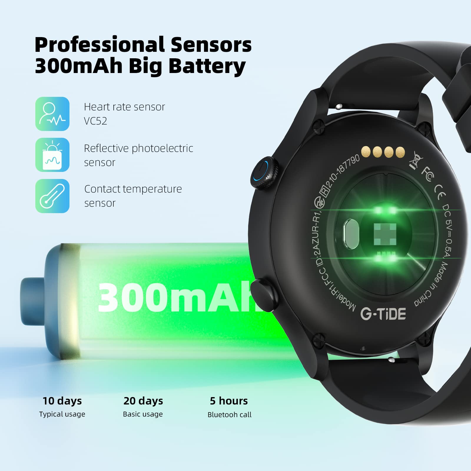 G-TiDE Smart Watch, Answer/Make Call, 300mAh Big Battery Smartwatch, VC52 Heart Rate Blood Oxygen Temperature Fitness Tracker, Bluetooth5.2 Smart Watch for Android/iOS, IP68 Waterproof, Black