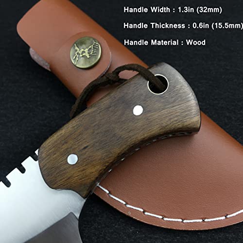 HUAAO Mini Cleaver Knife EDC Small Fixed Blade Knife with Sheath, 2.7'' 7Cr13MoV Steel Blade Wood Handle, Small Cleaver Knife, 4.9 oz