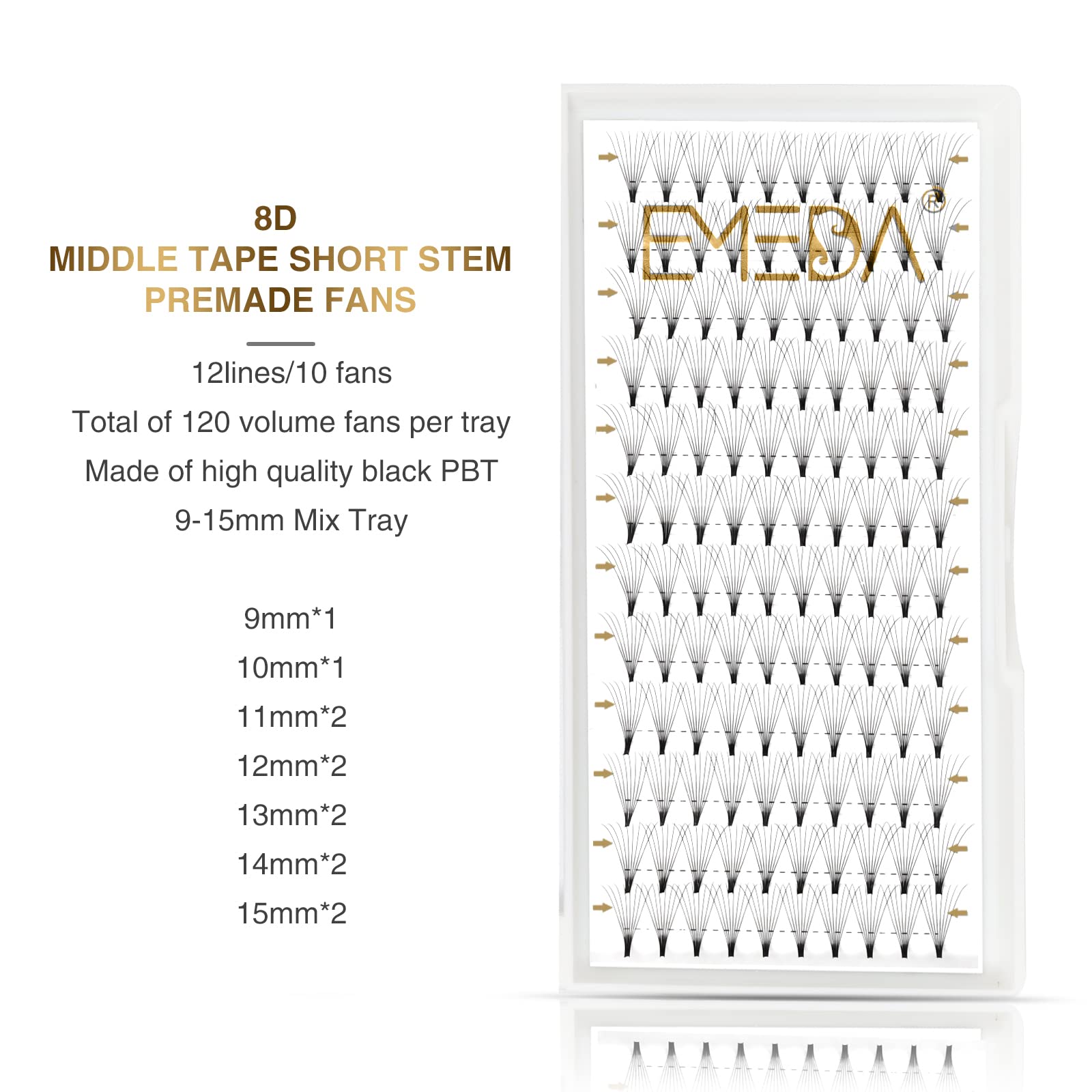 EMEDA Short Stem 8D Premade Fans Eyelash Extensions Mixed Tray Premade Lash Extensions Fans Middle Tape Wider Stem Russian Lash Extension Premade Fans (8D .07 D 9-15mm Mix Length)
