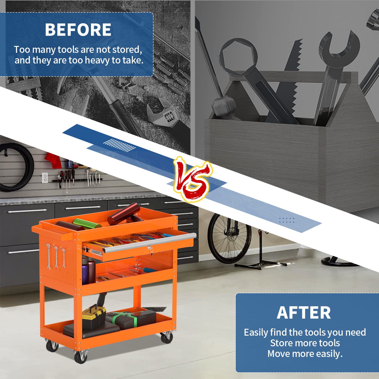 Generic 3-Tray Tool Cart on Wheels, Orange, 300 Lbs Capacity, with Drawers, Rolling Tool Cart, Ideal for Garage, Warehouse, Repair Shop