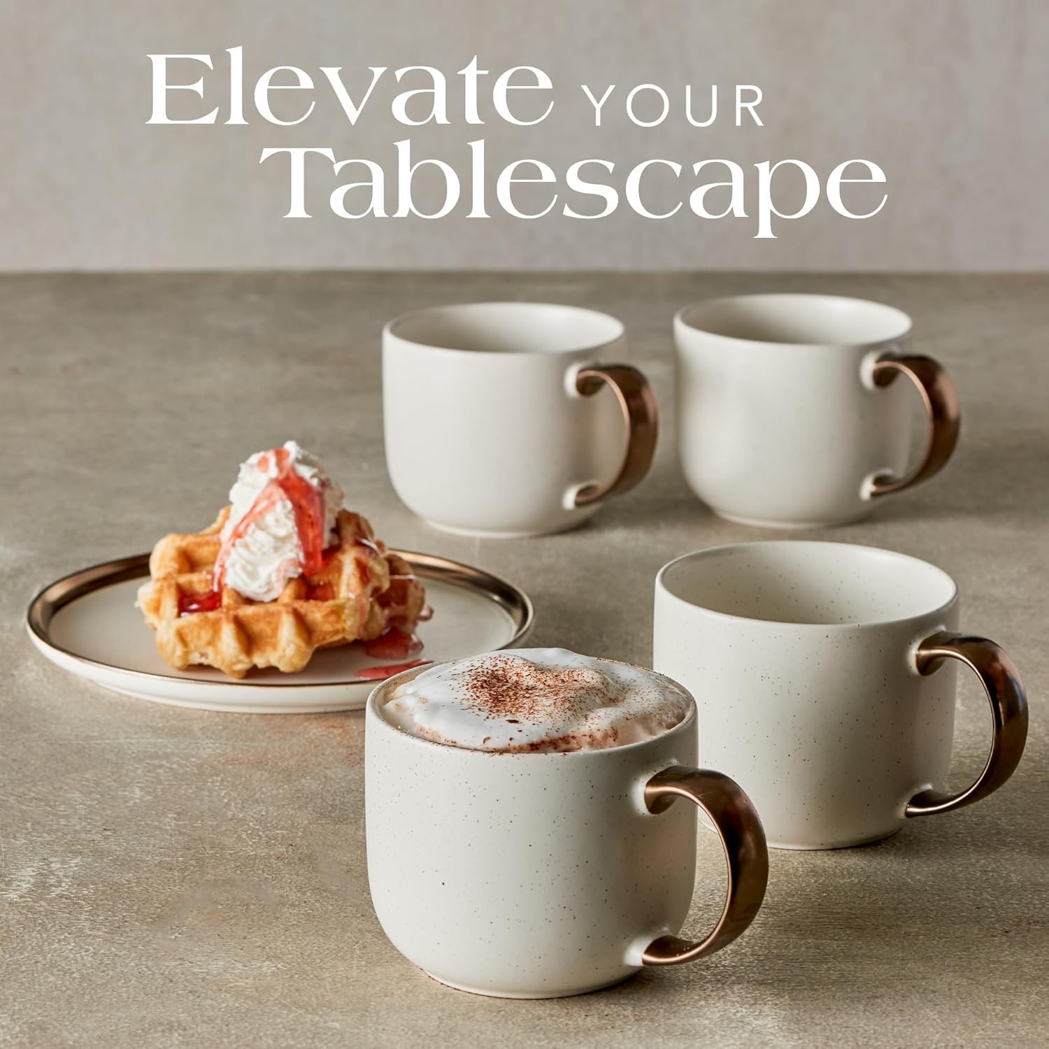 Maison Neuve Luna Collection Stoneware Mug Set of 4-19 oz Round Ceramic Mug Set for Hot Tea & More - Stoneware Coffee Mugs - Microwave & Dishwasher Safe - Modern Coffee Mug Gift - Cream/Bronze