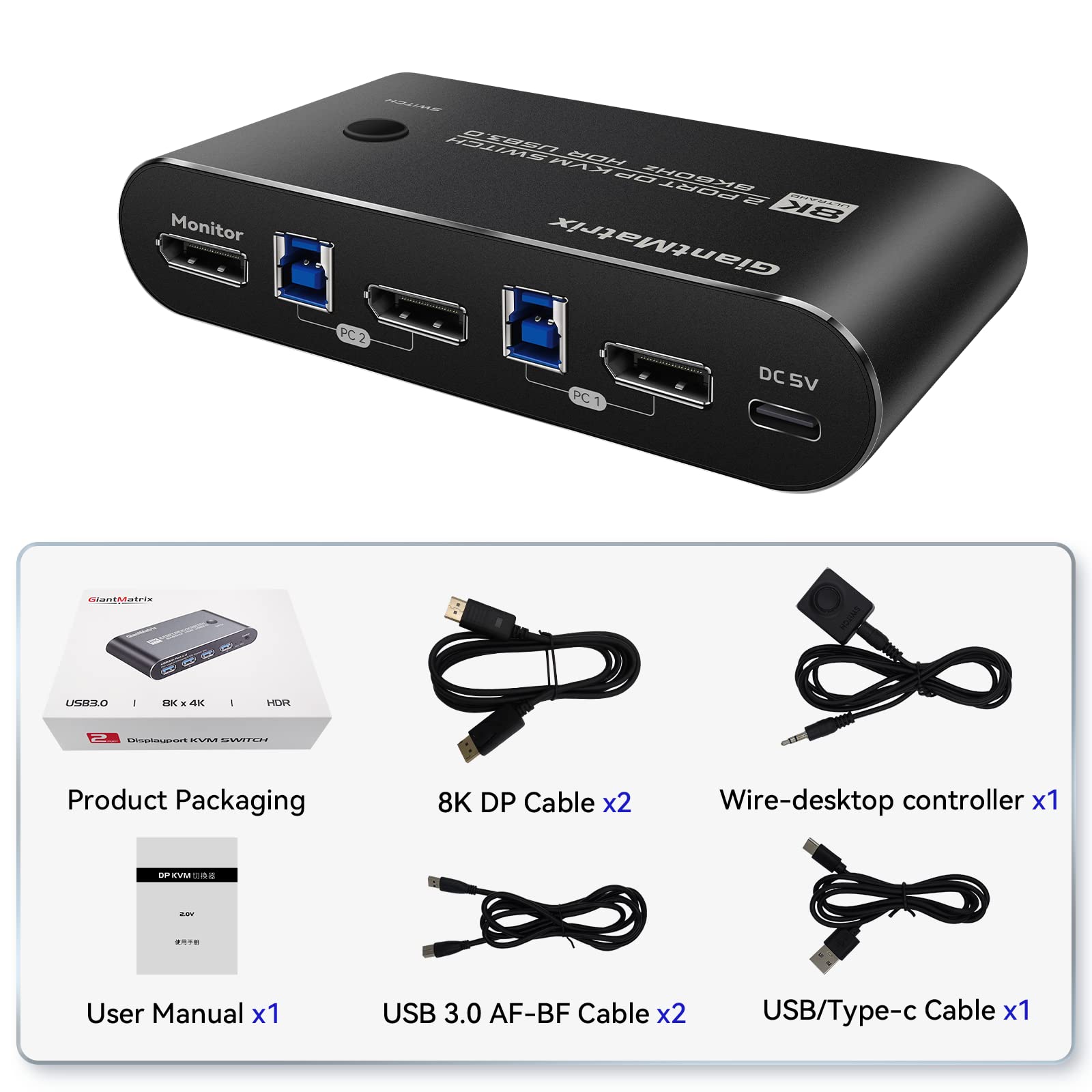 KVM Switch DisplayPort 2 Port Kvm Switch 1 Monitors 2 Computers Display Port Monitor Selector Box 1440P 120Hz 144Hz 165Hz 175Hz 240Hz DP2.1 KVM Displayport USB 3.0 FreeSync G-SYNC