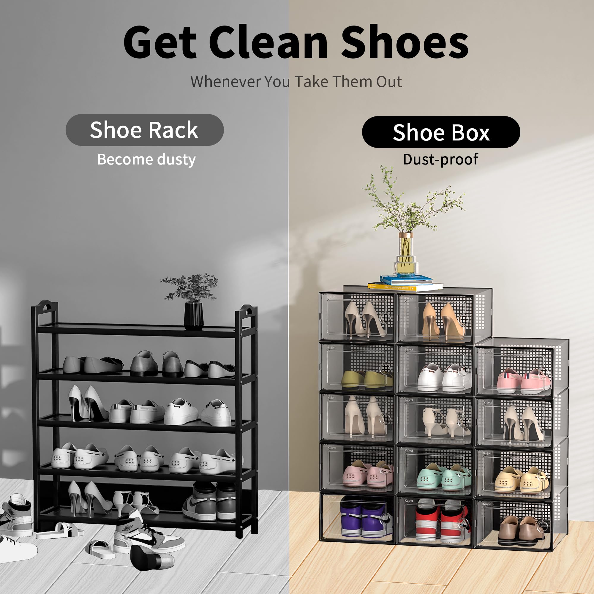 Kuject X-Large Shoe Storage Boxes with Horizel Connecting Sheet, 12 Packs Shoe Organizers for Closet,Clear Plastic Stackable Sneaker Containers, Space Saving Foldable Shoe Rack Holder, Pink