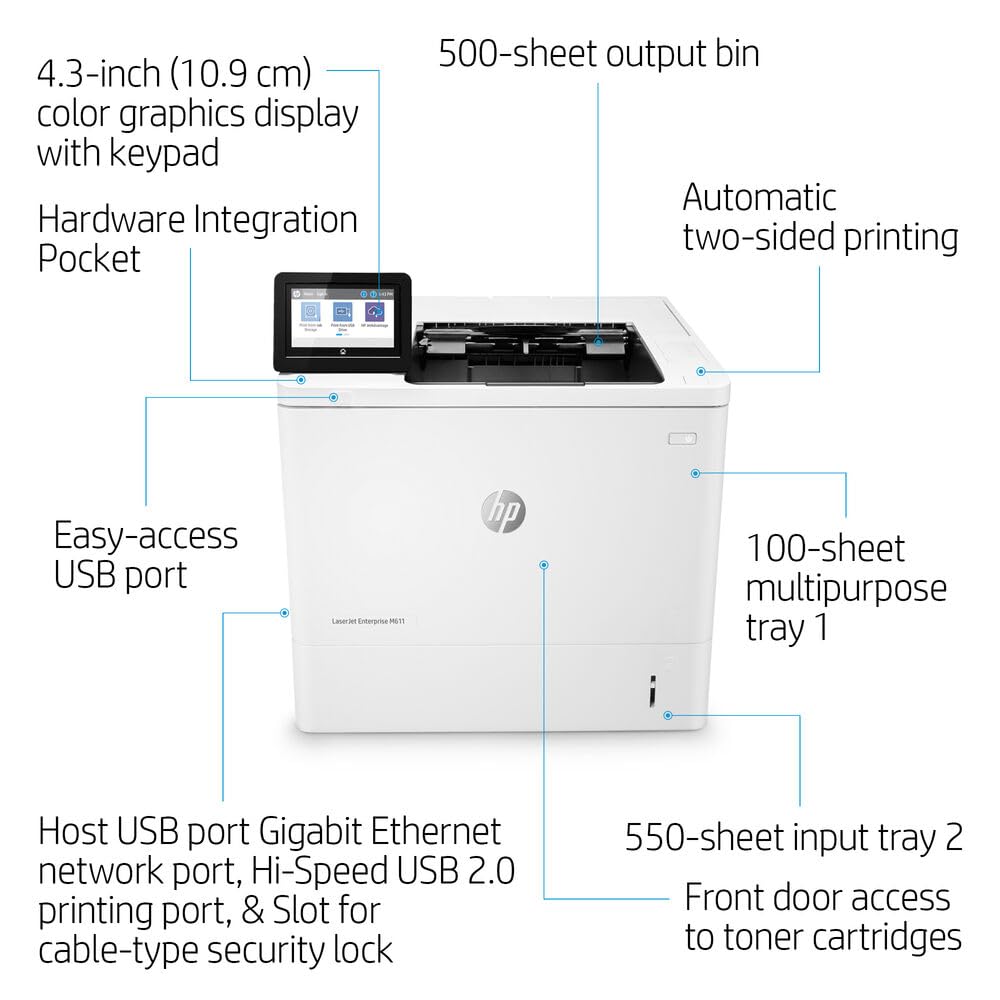 HP M611dn Laserjet Enterprise B & W - Duplex - Printer (7PS84A#BGJ) + USB Printer Cable + Network Cable + Cable Straps + Cleaning Kit + More