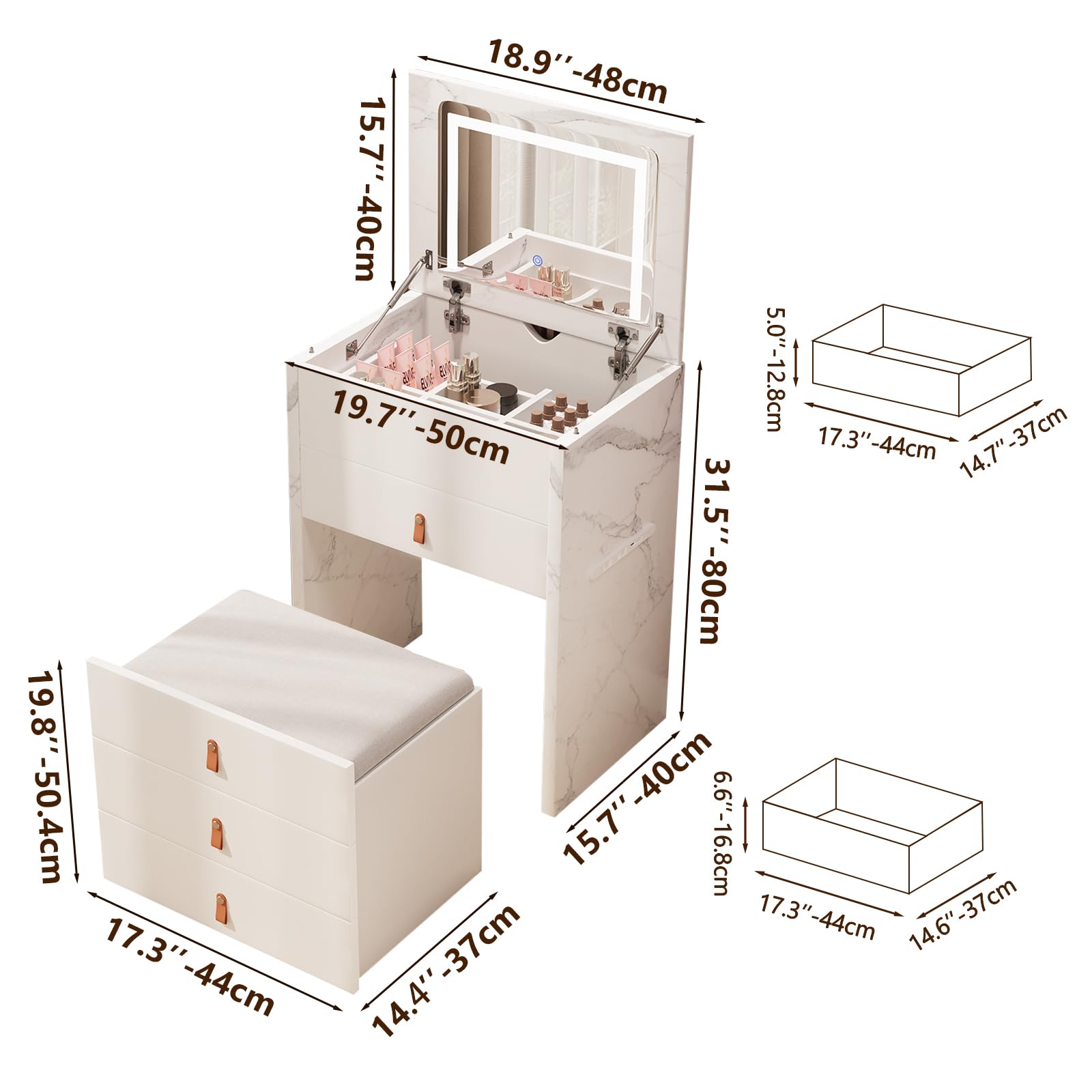 Makeup Vanity Desk with Mirror and Lights, 3-in-1 Vanity Set with 3 Drawers, Small Makeup Vanity with Hidden Stool, Compact Dressing Table Charging Station for Bedroom/Living Room-Beige