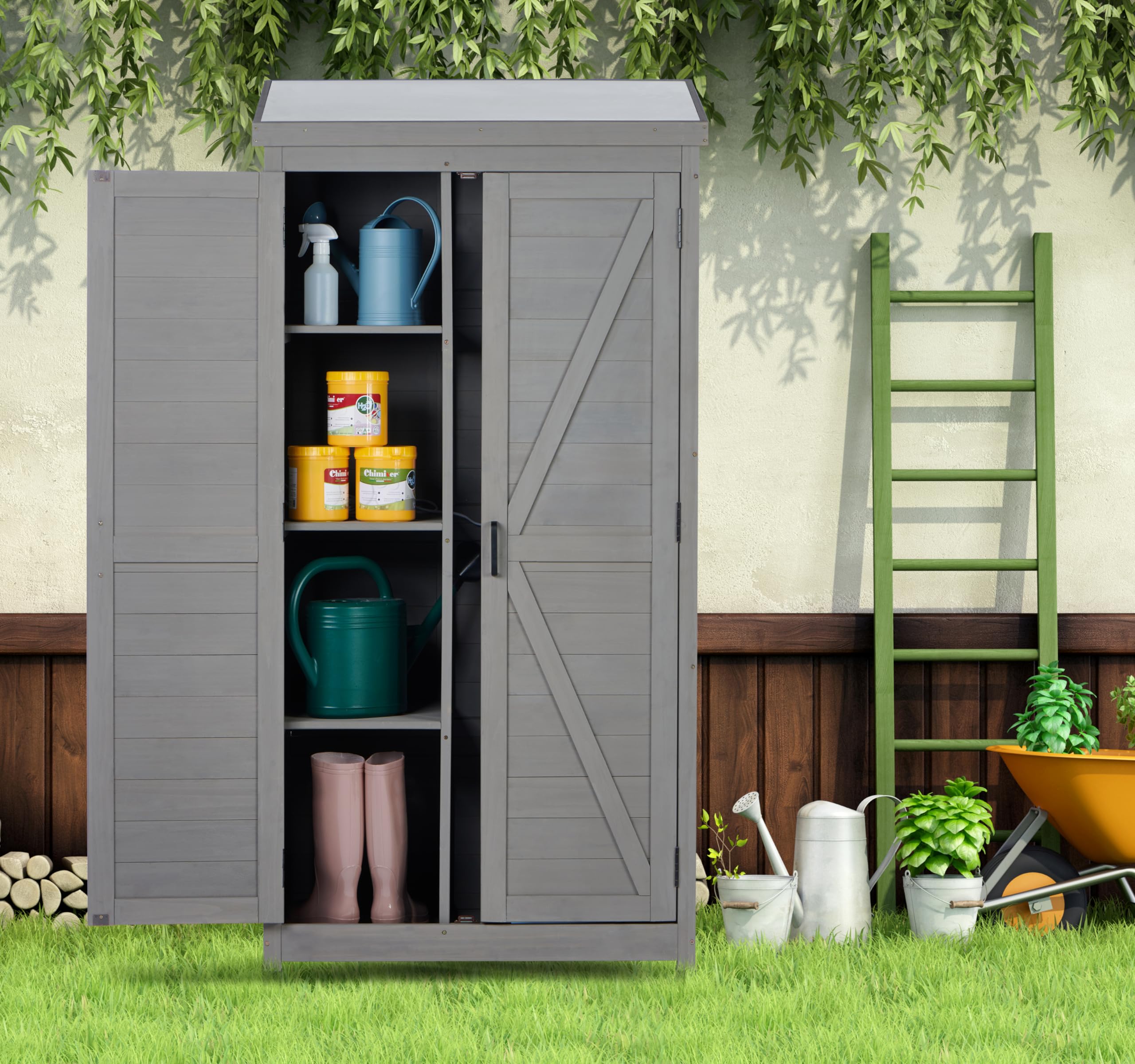 Outdoor Wooden Storage Shed with Metal Top, Tall Vertical Tool Cabinet for Backyard Garden Patio Lawn
