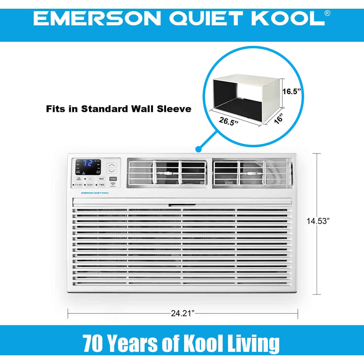 Emerson Quiet Kool 10,000 BTU 115V Smart Through-the-Wall Air Conditioner, For Rooms up to 450 Sq. Ft., with Remote, Wi-Fi, and Voice Control