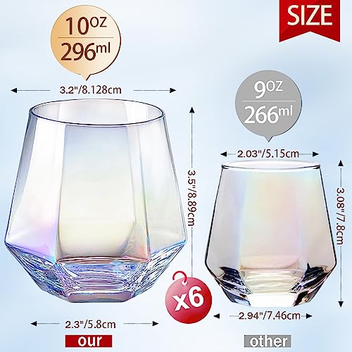 GoldArea Wine Glasses Set of 6 (10oz), Stemless Wine Glass for Red and White Wine, Diamond Shaped Iridescent Glassware for Whiskey, Cocktail, Gift for Anniversary, Wedding, Housewarming
