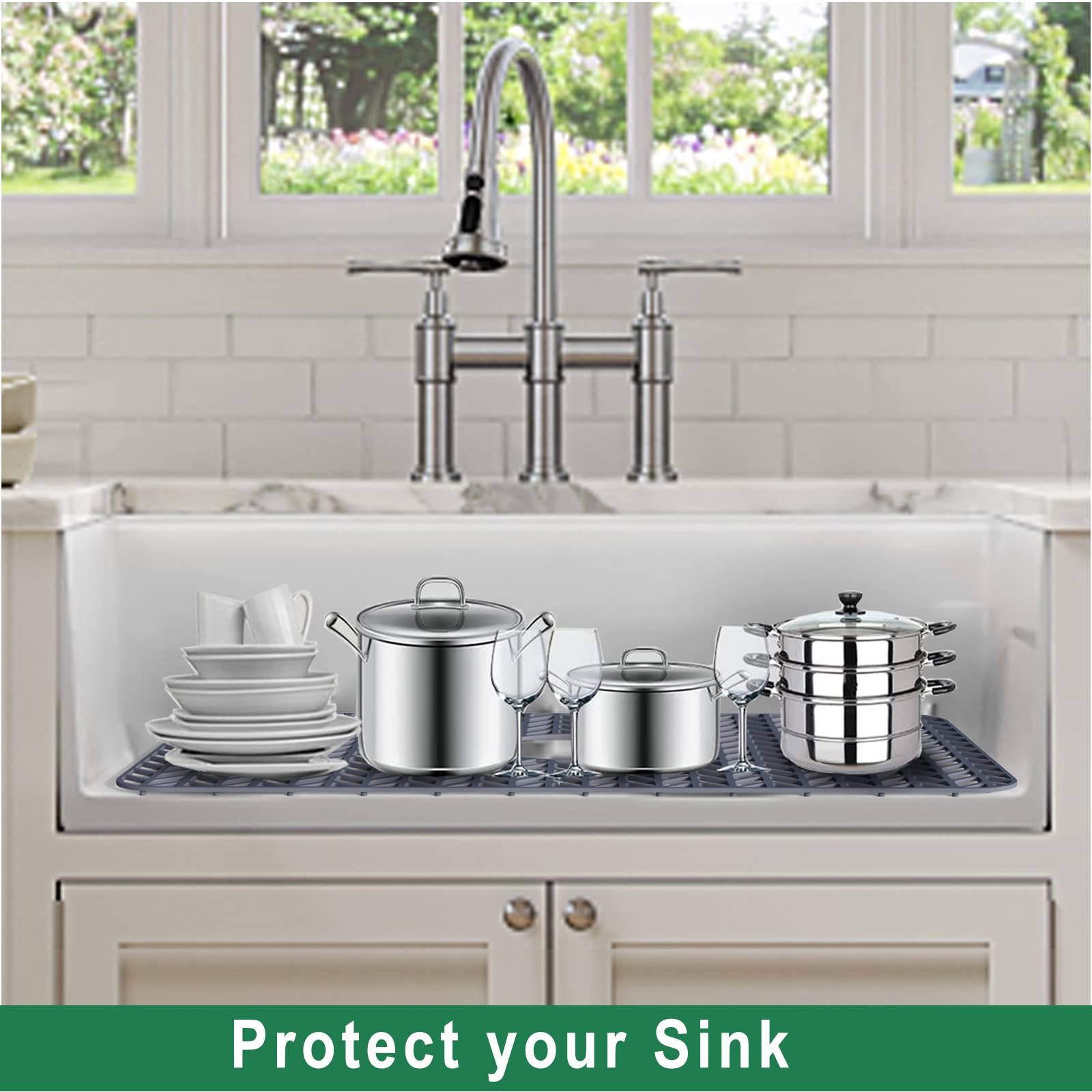 GUUKIN Sink Protectors for Kitchen Sink, 26''x 14'' Silicone Kitchen Sink Mat Grid for Bottom of Farmhouse Stainless Steel Porcelain Sink with Rear Drain (Grey)