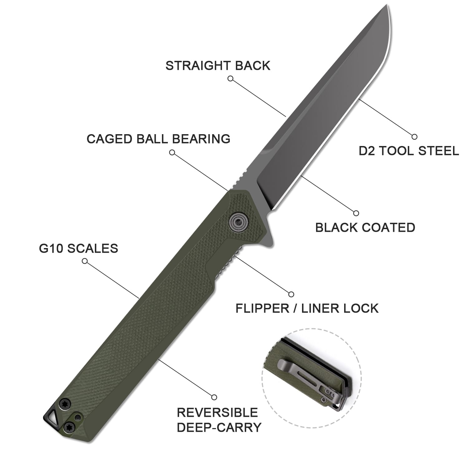 EMHiii Flipper Pocket Folding Knife: 3.54" D2 Steel Black Blade, G10 Scales, Slim EDC Knives with Reversible Deep Clip for Men and Women,Green