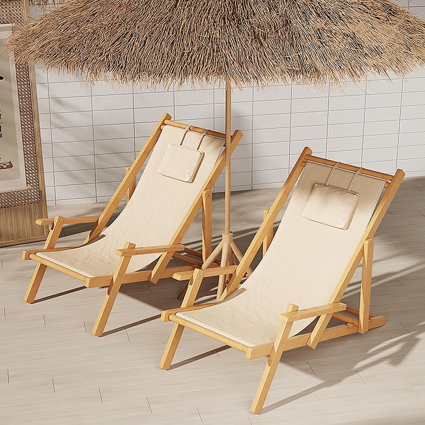 Outdoors Pool Chaise Lounger, Folding Lounge Recliner Chairs, Wooden Sunbathing Chair with 4-Position Adjustable Backrest and Arm, Assemble-Free(Beige)