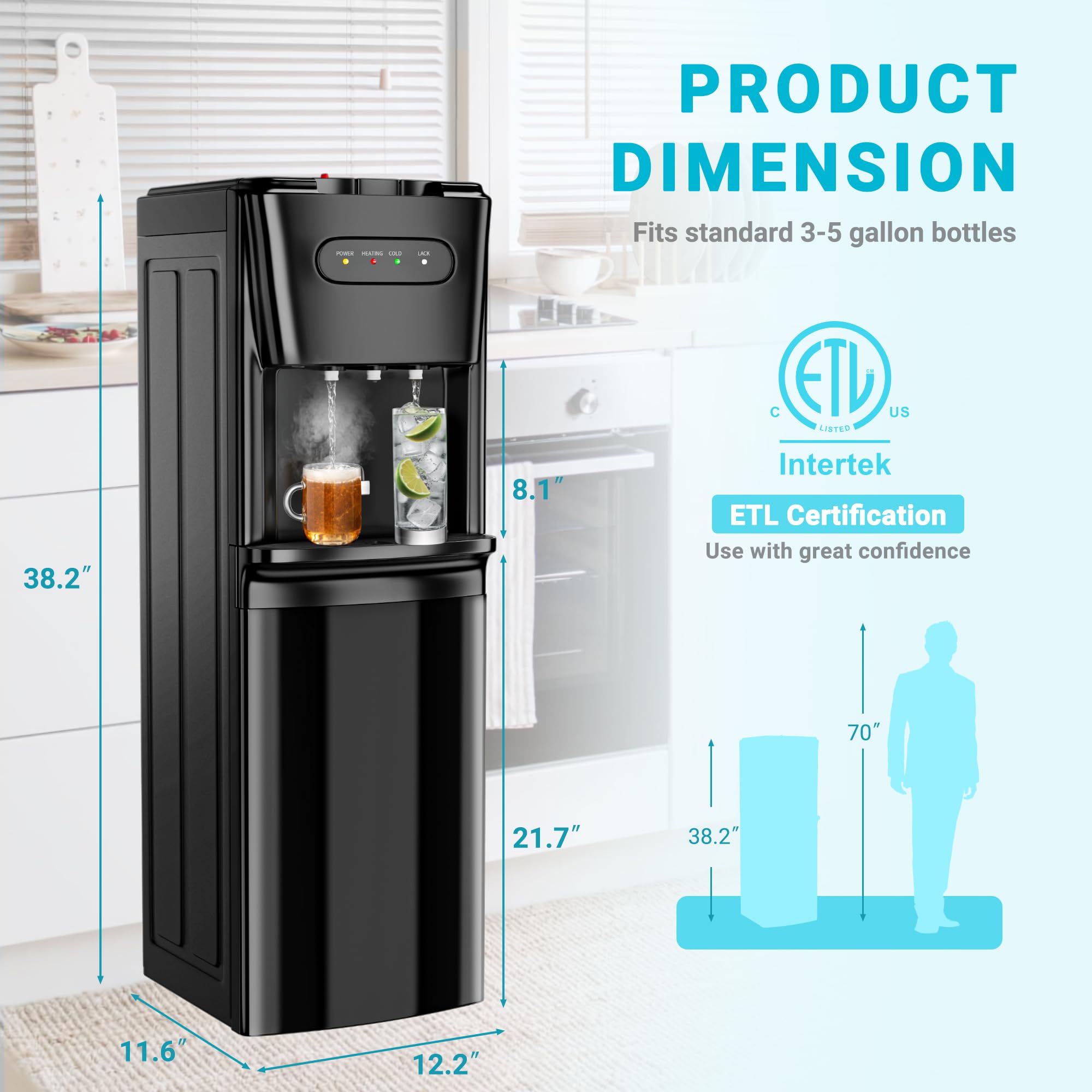 Manastin Bottom Loading Water Cooler Dispenser Hot Cold & Cool Water Dispenser for 3 or 5 Gallon Bottles, Empty Bottle Indicator, Child Safety Lock, Ideal for Office, Home, Living Room (Classic Black)