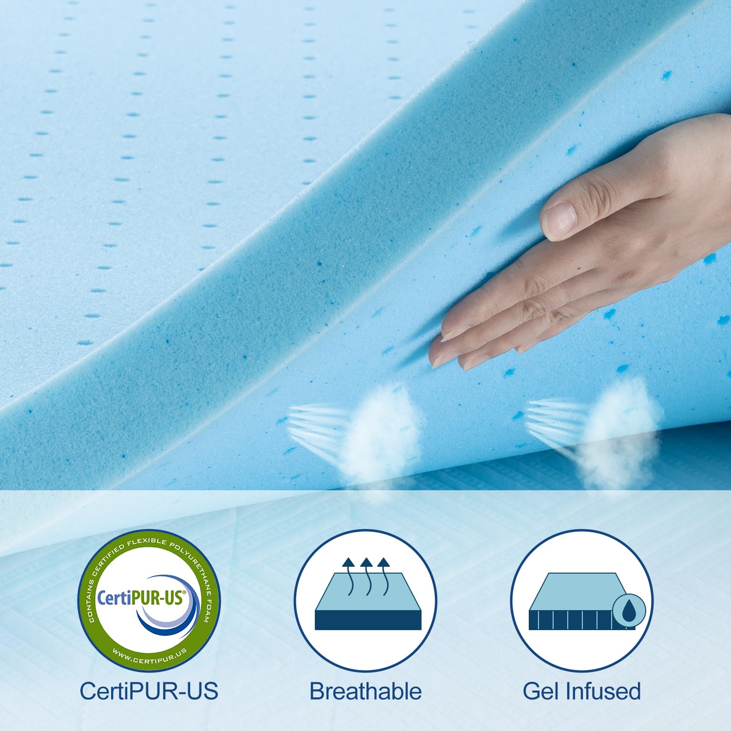 Maxzzz King Mattress Topper, 2 inch Cooling Mattress Topper, Memory Foam Gel-Infused Bed Topper, Medium Firm Mattress Topper, CertiPUR-US Certified, Bule