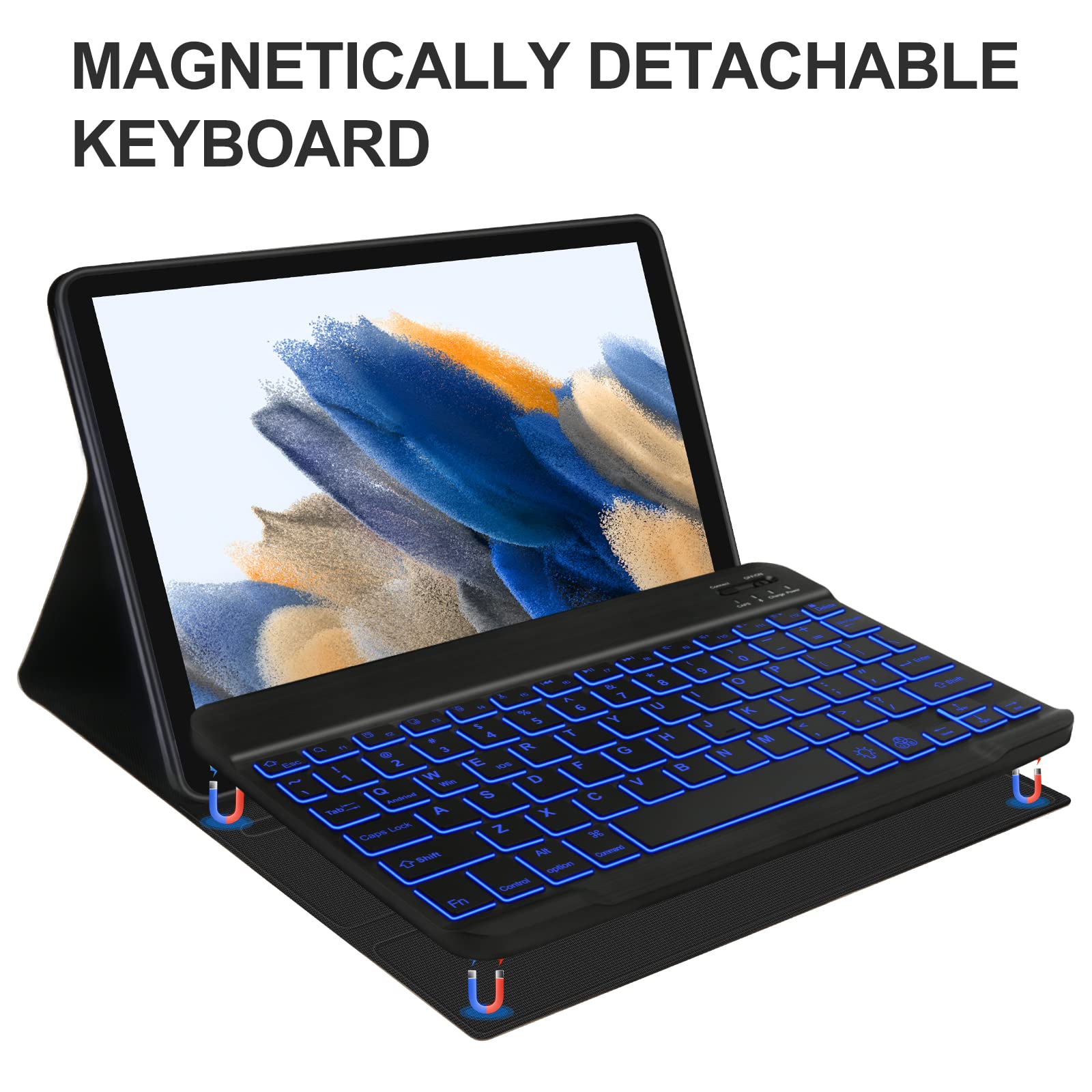 KVAGO Backlit Keyboard Case for Samsung Galaxy Tab A8 10.5 2022-7 Colors Backlight - Smart Folio Case with Detachable Wireless Keyboard for Galaxy Tab A8 10.5" SM-X200/X205/X207, Black