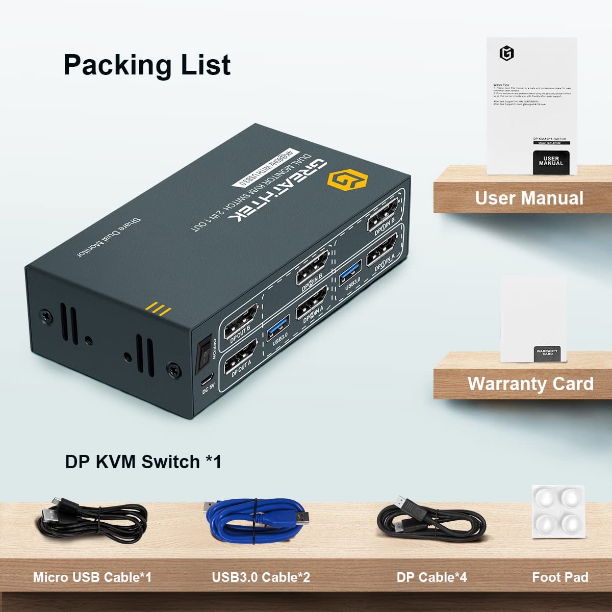 KVM Switch DP Displayport Dual Monitor Extended Display 2 Port, USB3.0, UHD 4K@60Hz YUV4:4:4 Downward Compatible,with All Needed Cables