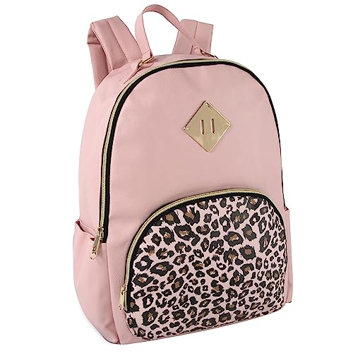 Emma & Chloe Pastel Pink Leopard Waterproof Vinyl Backpack for Commuting, Traveling (Pink Leopard)