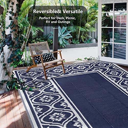 HUGEAR RV Outdoor Rug Waterproof Mat Outdoor Rugs 6'x9' for Patios Clearance Carpet Outdoor Camping Rugs Large Plastic Straw Rug (Lantern Navy Blue&White)