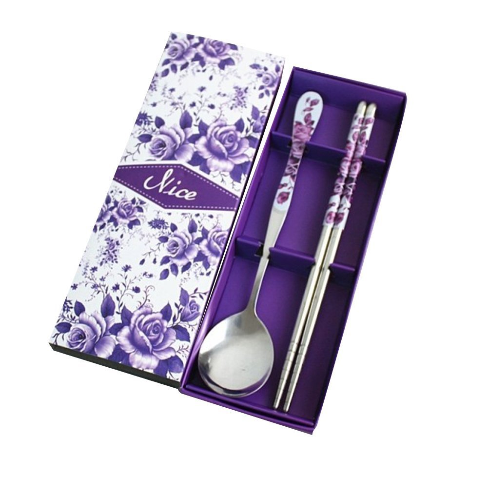 HugeStore Chinese Purple Rose Stainless Steel Chopsticks and Spoon Set