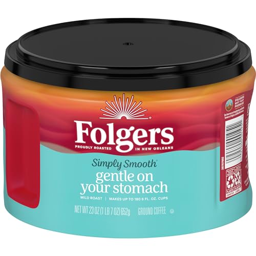 Folgers Simply Smooth Mild Roast Ground Coffee, 23 Ounce (Pack of 6), Gentle on Your Stomach (Packaging May Vary)