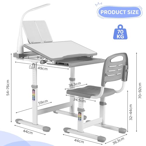 MAMIZO Kids Desk and Chair Set, Children School Study Desk Set with 40 Degree Tilt-able Desktop, Multi-Func Height Adjustable Table and Chair w/LED Light, Pull Out Drawer, Book Stand, Hook (Grey)