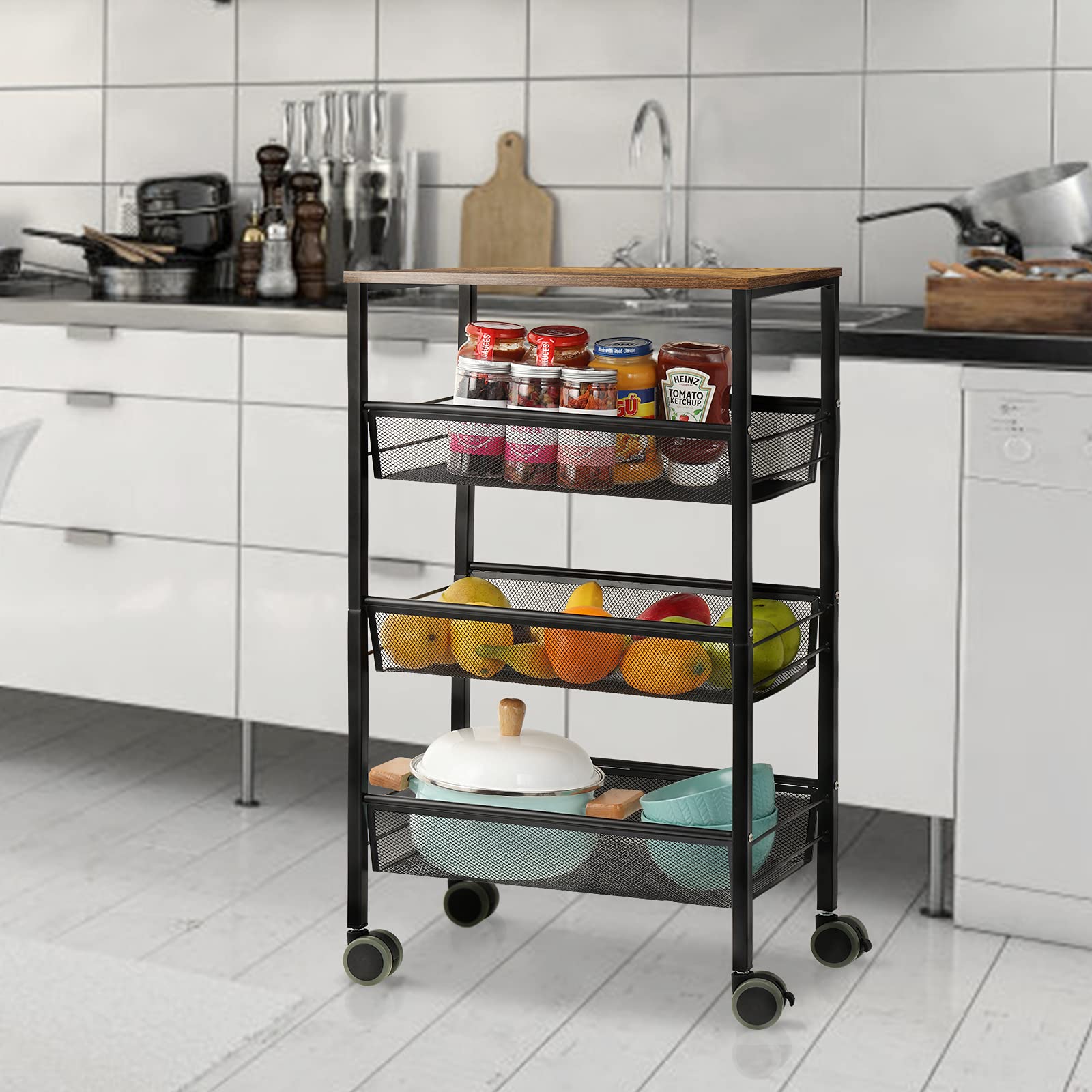 SEHERTIWY Kitchen Storage Rolling Cart, 4-Tier Kitchen Island Cart on Wheels with Wooden Shelves, Lockable Utility Cart with Mesh Baskets for Narrow Space on Dining Room Bathroom,Black