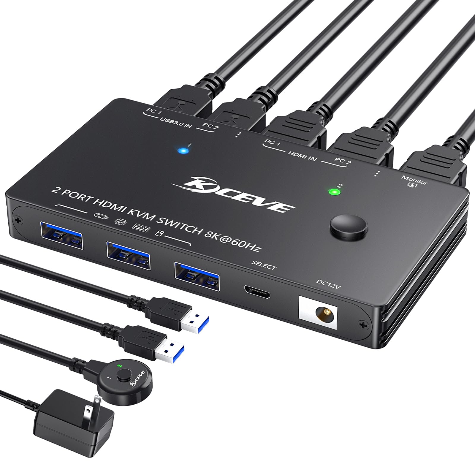KVM Switch HDMI 2 Port Box, 8K@60Hz USB3.0 HDMI2.1 Switch for 2 Computers Share Keyboard Mouse Printer and one HD Monitor,Support UHD 4K@120Hz,with 2 USB Cable,Power Adapter and Controller