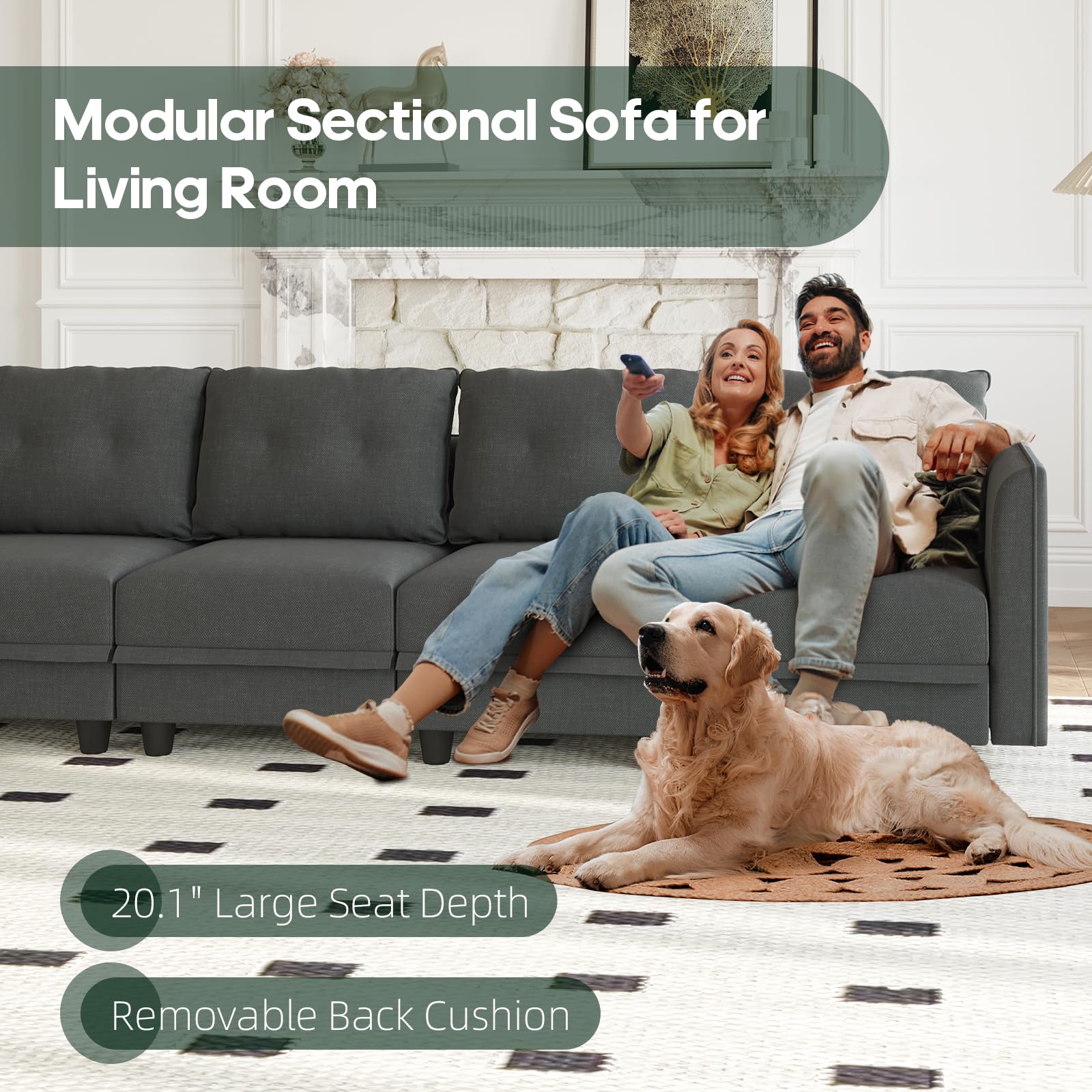 LLappuil Velvet Modular Sofa Sectional 6 Seater U Shaped Couch with Storage, Waterproof, Anti-Scratch Reversible Chaise Sofa, Grey Brown