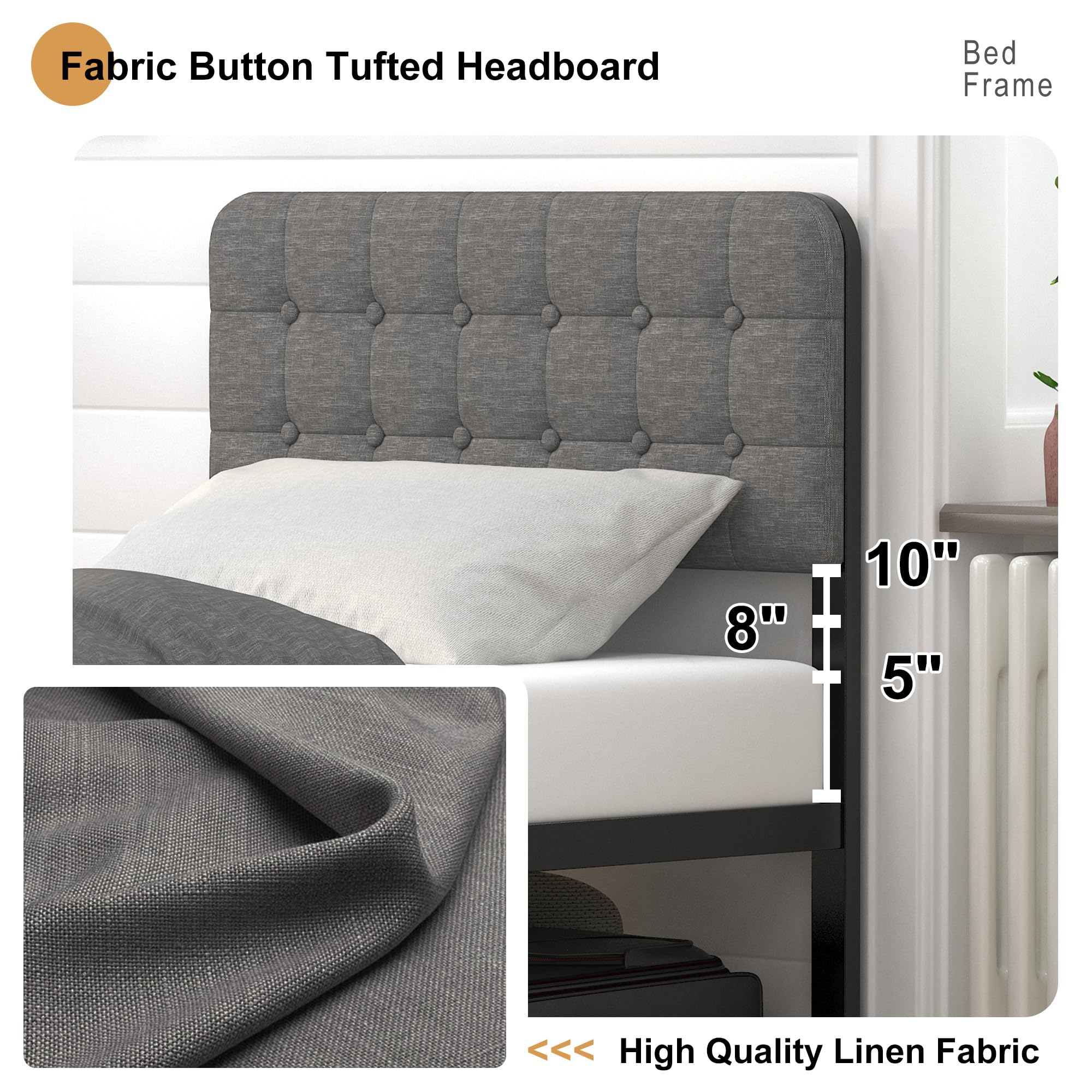 EMODA 16 Inch Twin Size Bed Frames with Upholstered Headboard and Metal Footboard, Heavy Duty Metal Slats Support Mattress Foundation, No Box Spring Needed, Easy Assembly