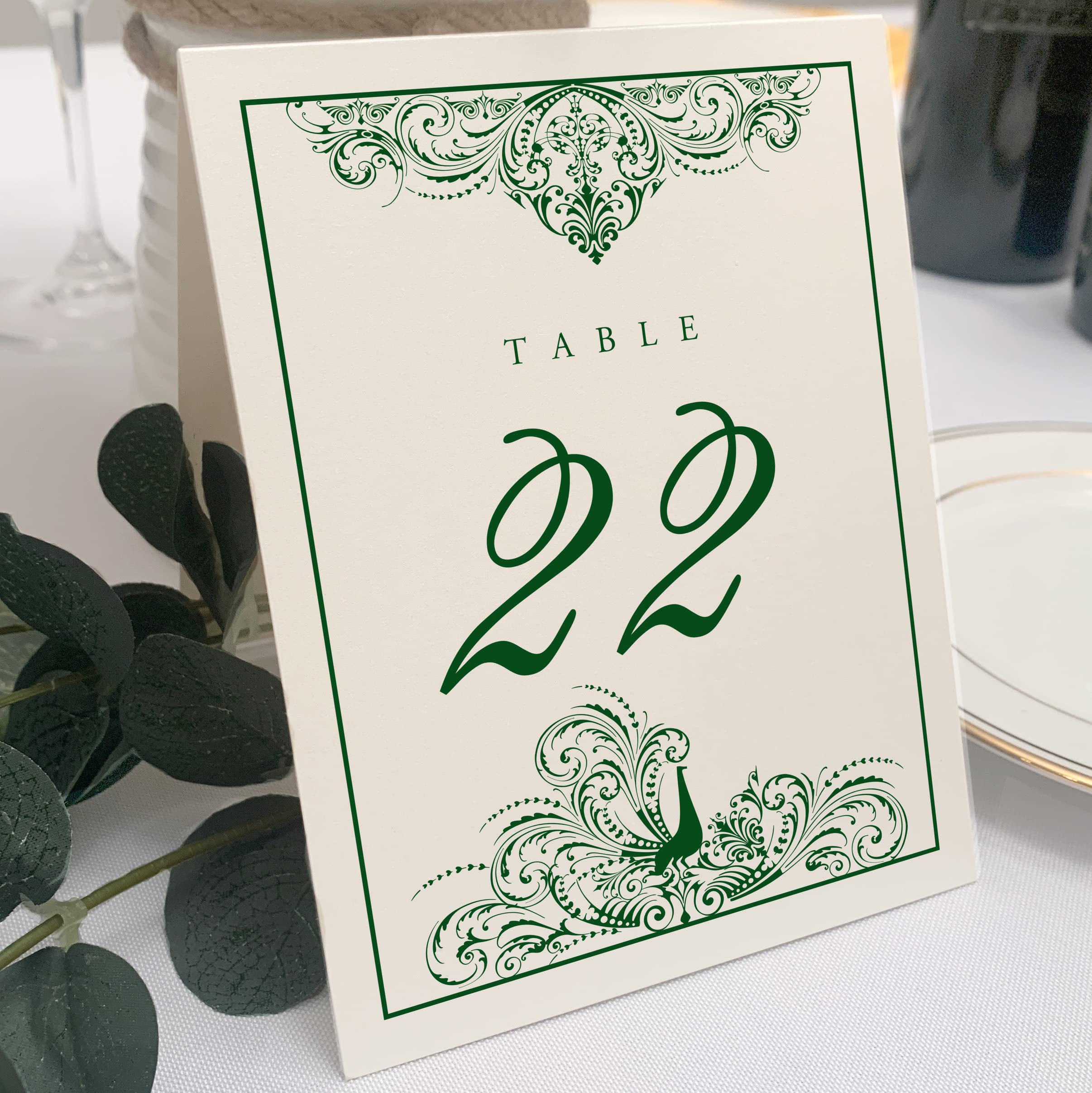 Peacock Flourish Wedding Table Numbers (Select Color/Quantity), Champagne, Hunter Green, 1-15, Double Sided, Tent or Use in a Stand, Great for Parties & Restaurants