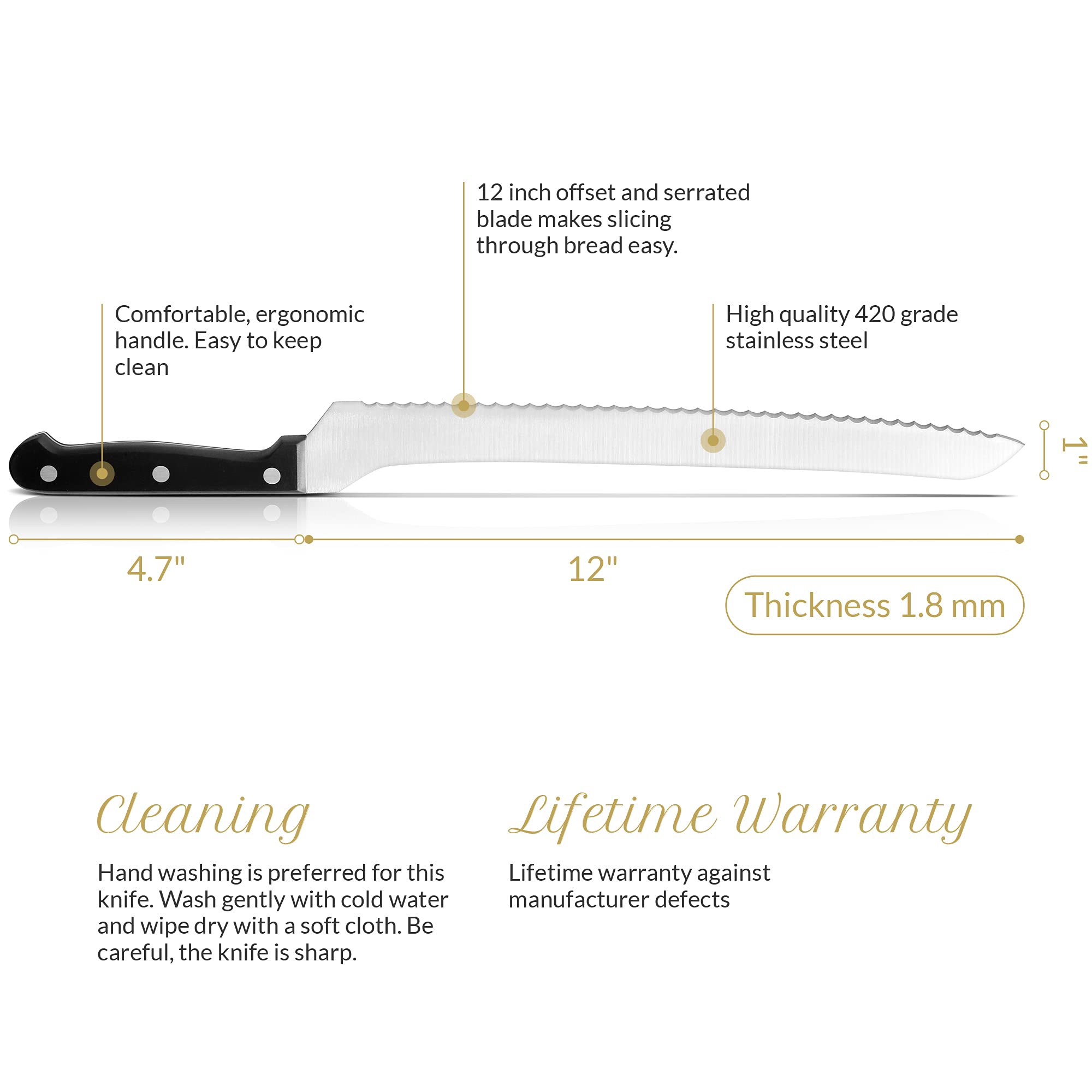 HUMBEE, 12 inch Offset Bread Knife Serrated Knife Wave Edge Blade,Black