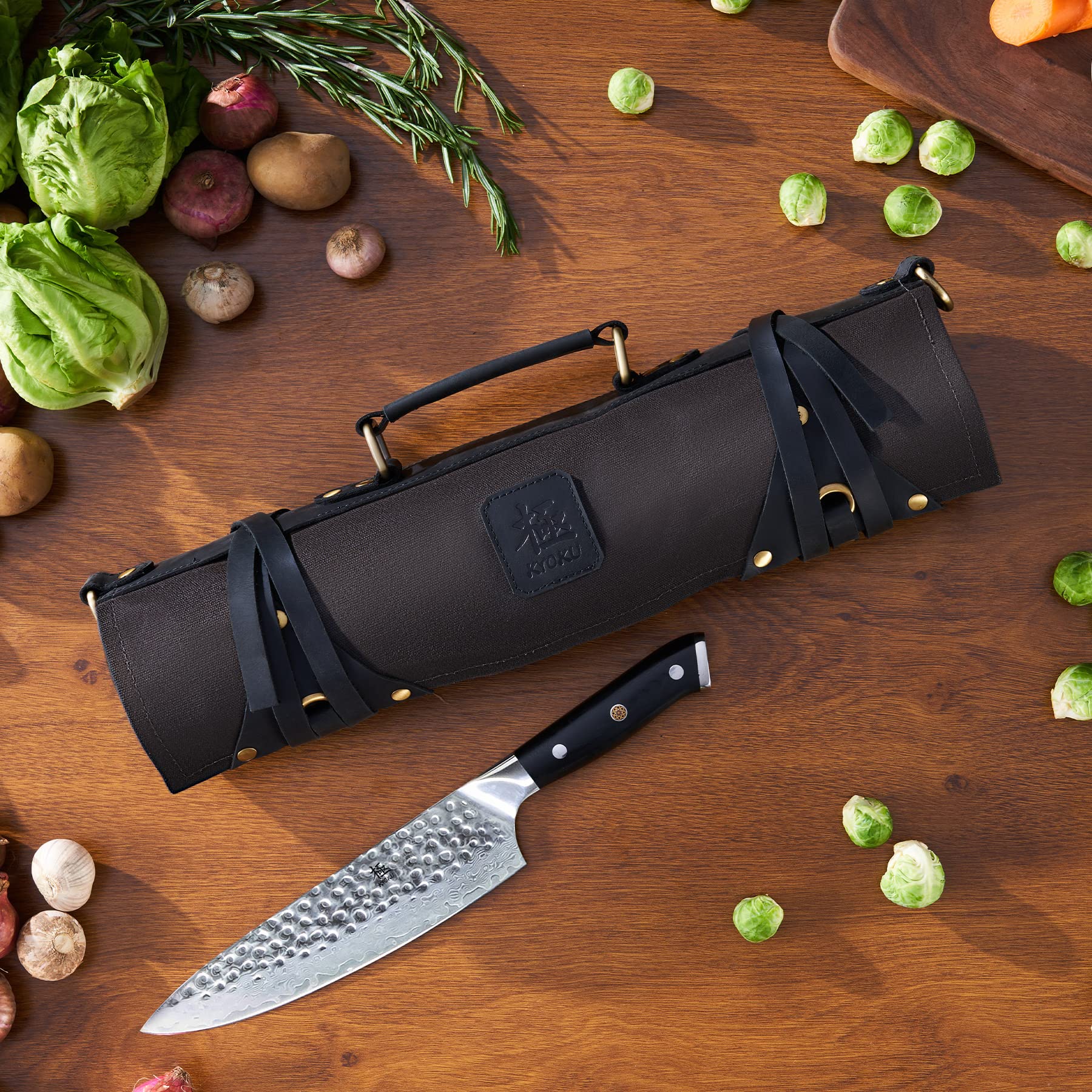 KYOKU Samurai Series Chef Knife + Nakiri Knife + Professional Chef Knife Roll Bag Black