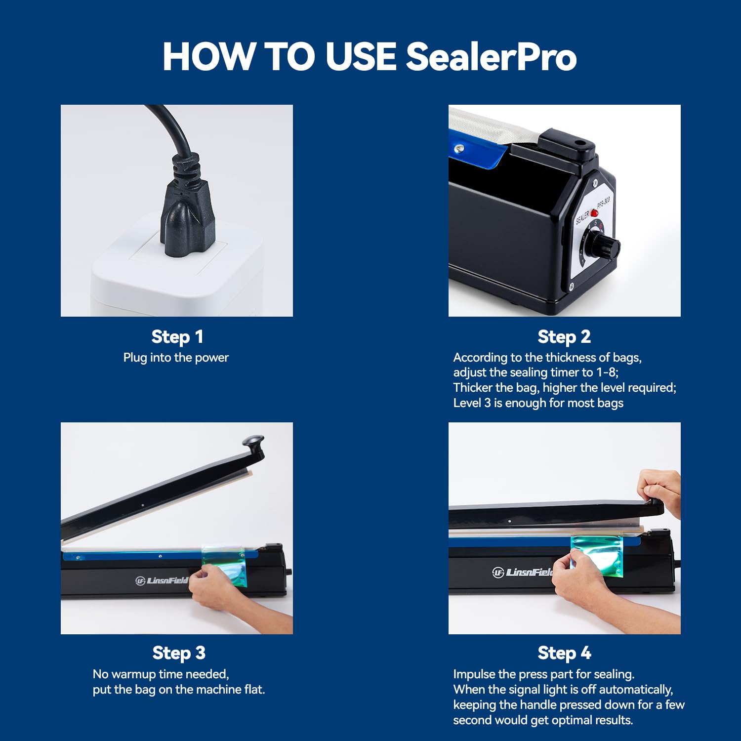 LinsnField Sealer Pro - 8 inch Impulse Heat Sealer - 2mm Sealing Width - Manual Heat Sealer Machine for All Bags - Most Heavy Duty for Strong, Secure Sealing for Long Term Food Storage, Deep Blue