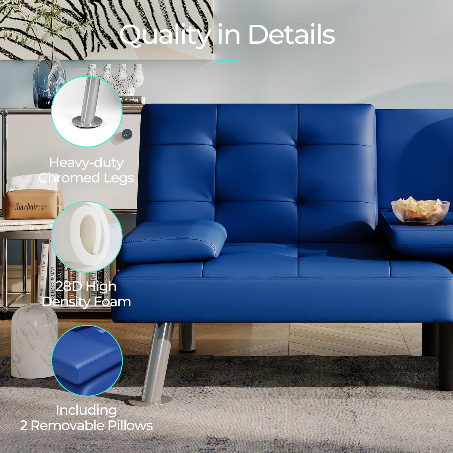 LINSY Futon Sofa Bed, Faux Leather Sleeper Sofa with Mattress and Frame, Convertible Futon Couch for Living Room, Blue