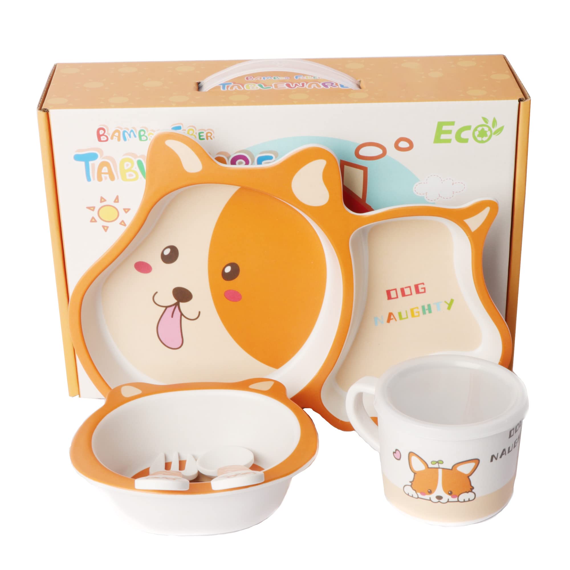 Lacusmall Toddler Plates and Bowls Set,Kids Dinnerware Set,Bamboo Kids Plates and Bowls Sets-5Pcs Kids Dishes Dinnerware Sets with Plate, Bowl,Cup,Fork and Spoon, BPA Free and Dishwasher Safe