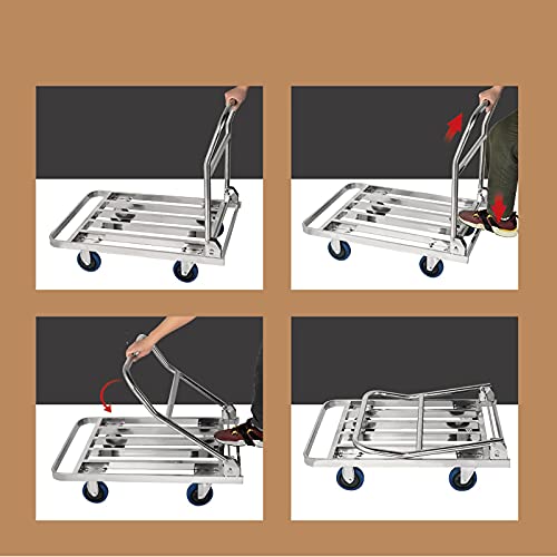 Generic Platform Truck Foldable Hand Truck Heavy Duty Stainless Push Cart Flatbed Trolley with Hollow Out Platform for Baggage Moving Transport Flatbed Cart (