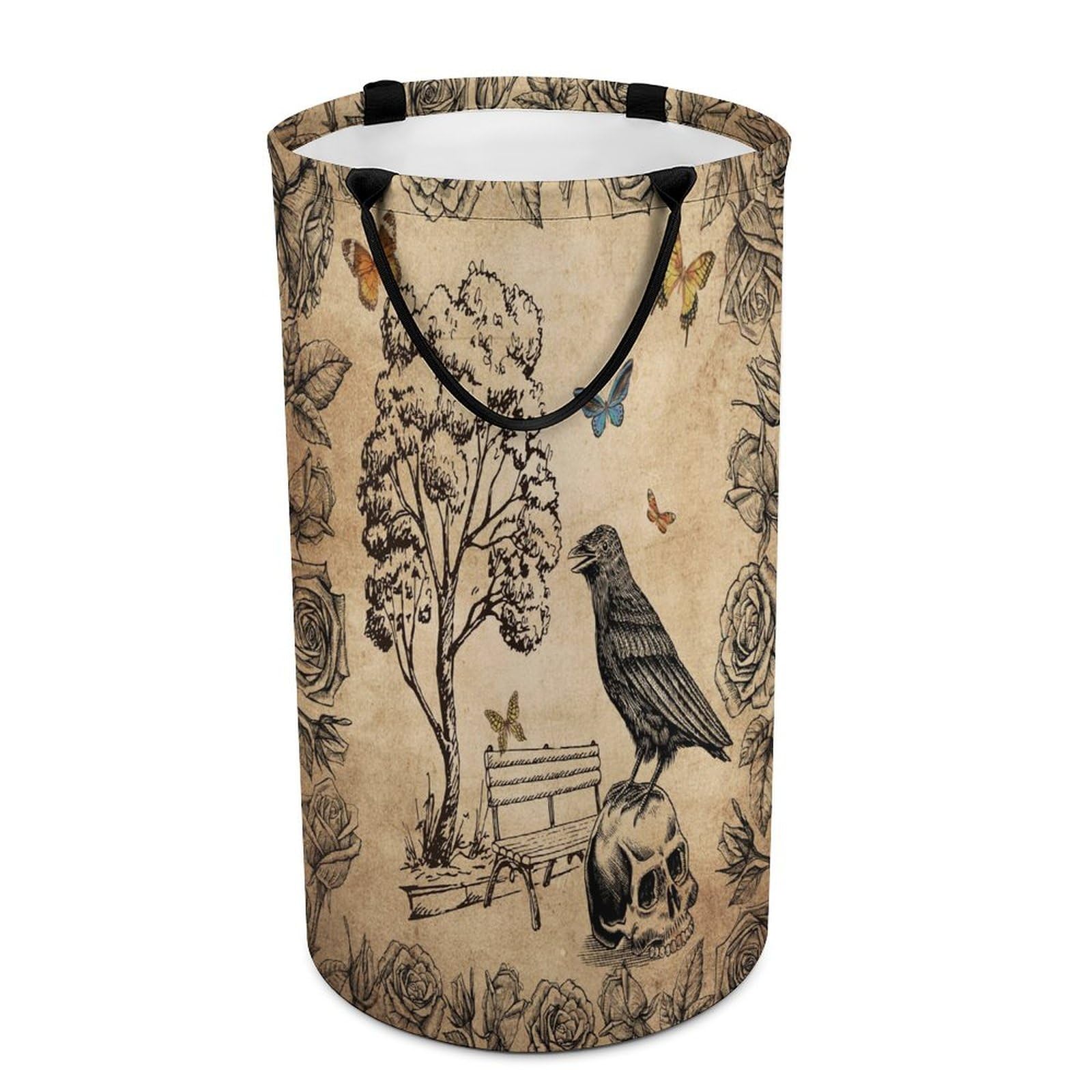 LNDDYTP Vintage Gothic Floral Raven Laundry Basket Large Volume,Rustic Spring Rose Colorful Butterfly Skull Raven Print Dirty Clothes Basket Hampers Storage for Dorm And Family 15.7W"" X27.2H""