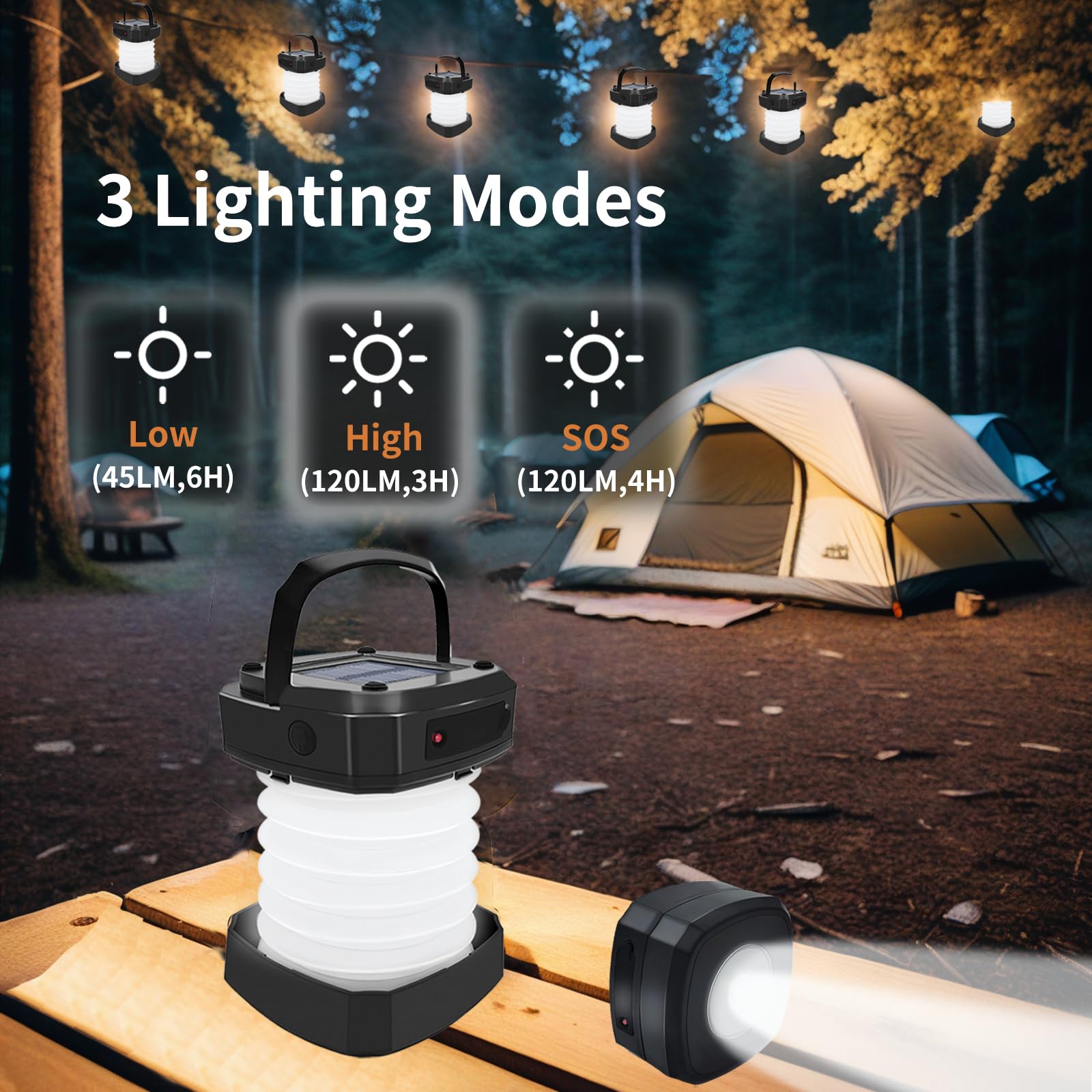 PEKPAK Solar Powered Lantern Flashlight,2-Pack Collapsible LED Camping Lantern,Portable USB Rechargeable Lamp for Power Outages,Emergencies,Hurricanes,Tent Lighting,Hiking,Backpacking Gear(Black)