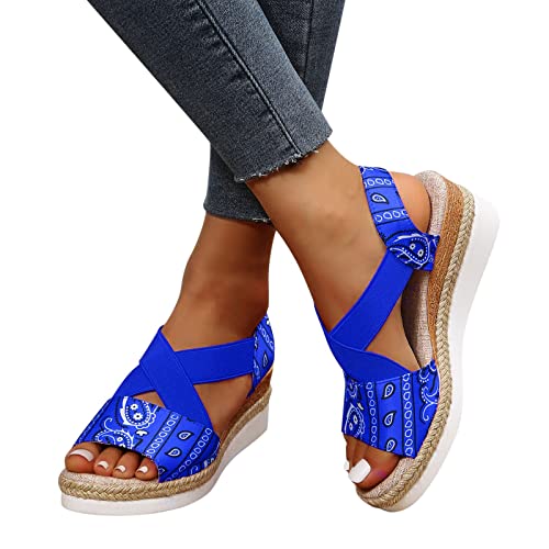 Ladies Fashion Cashew Flower Fabric Elastic Wedge Wedge Platform Fish Clear Heel Sandals for Women Size 11