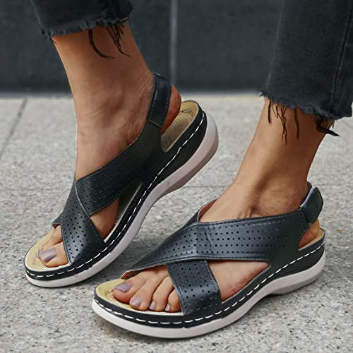 Ladies Fashion Summer Boho Wedge Heel Sponge Hook&Loop Sandals Wide Wedge Sandals for Women Wide Width