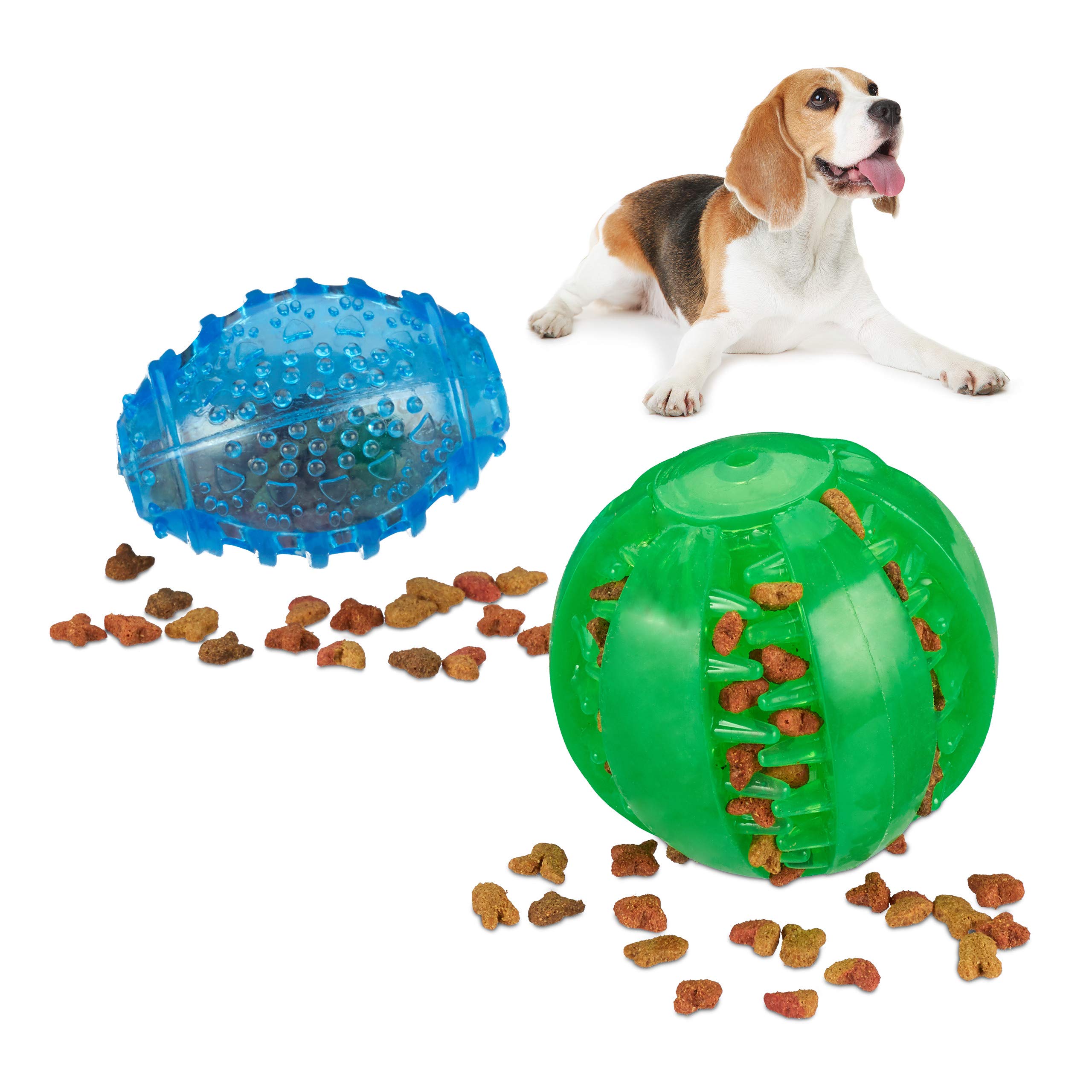 Relaxdays Chew Set of 2, Dog Toy Dental, Squeaks, Bite-Proof, Robust, 2 Sizes Teeth Cleaning Balls, Green/Blue, One