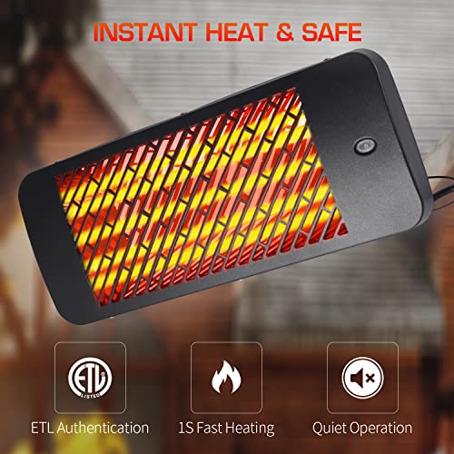 HUMSURE Electric Quartz Tube Wall Mount Infrared Patio Heater 1500w, Waterproof And Lightweight For Dining Room, Patio, Backyard, Garage And Deck, Standard, Black