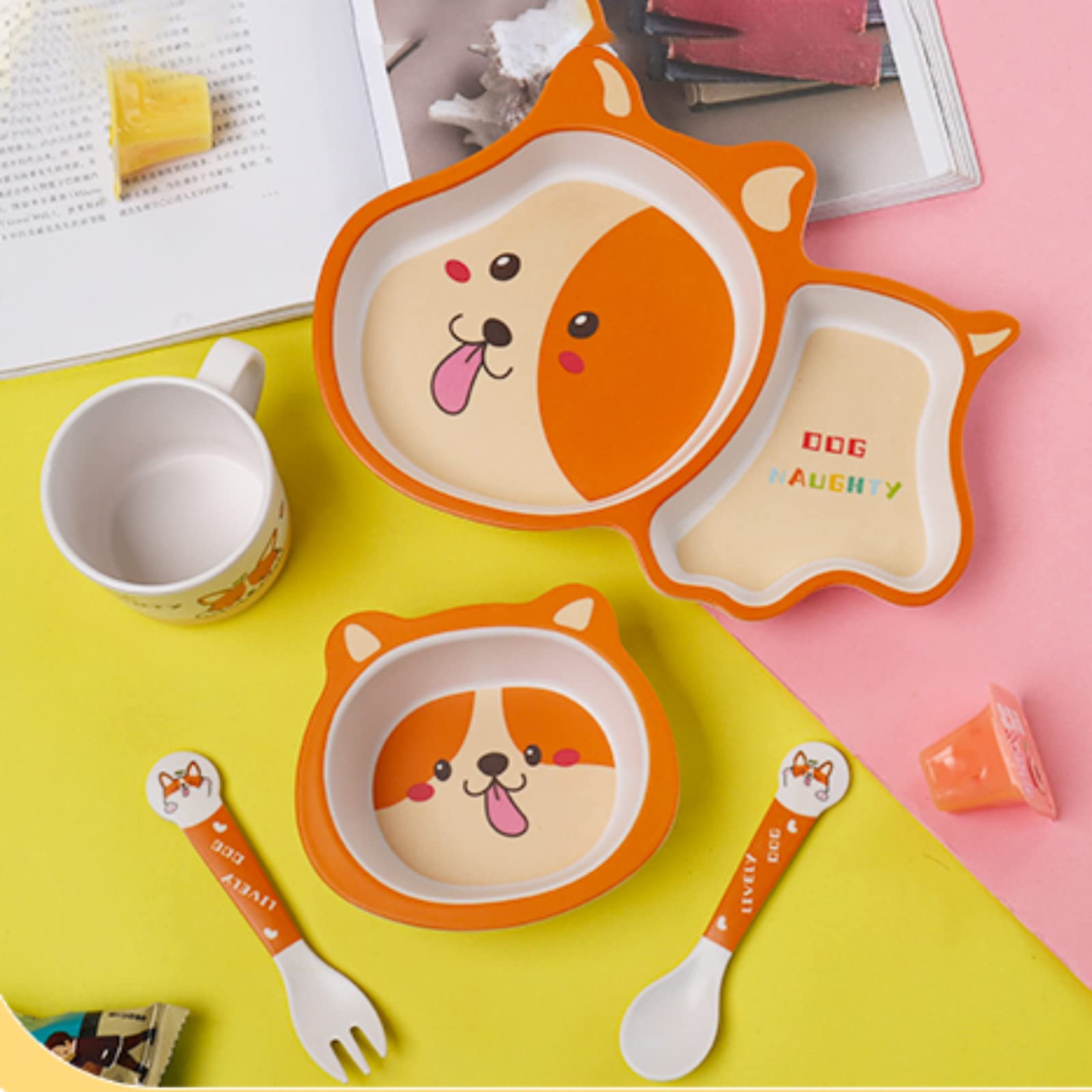 Lacusmall Toddler Plates and Bowls Set,Kids Dinnerware Set,Bamboo Kids Plates and Bowls Sets-5Pcs Kids Dishes Dinnerware Sets with Plate, Bowl,Cup,Fork and Spoon, BPA Free and Dishwasher Safe