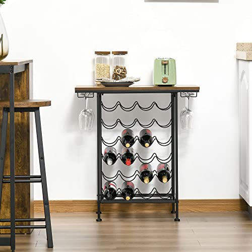 HOMCOM 24-Bottle Industrial Modern Wine Rack Table, Freestanding 6 Tier Wine Bottle Organizer with Glass Stemware Holder, Natural/Black