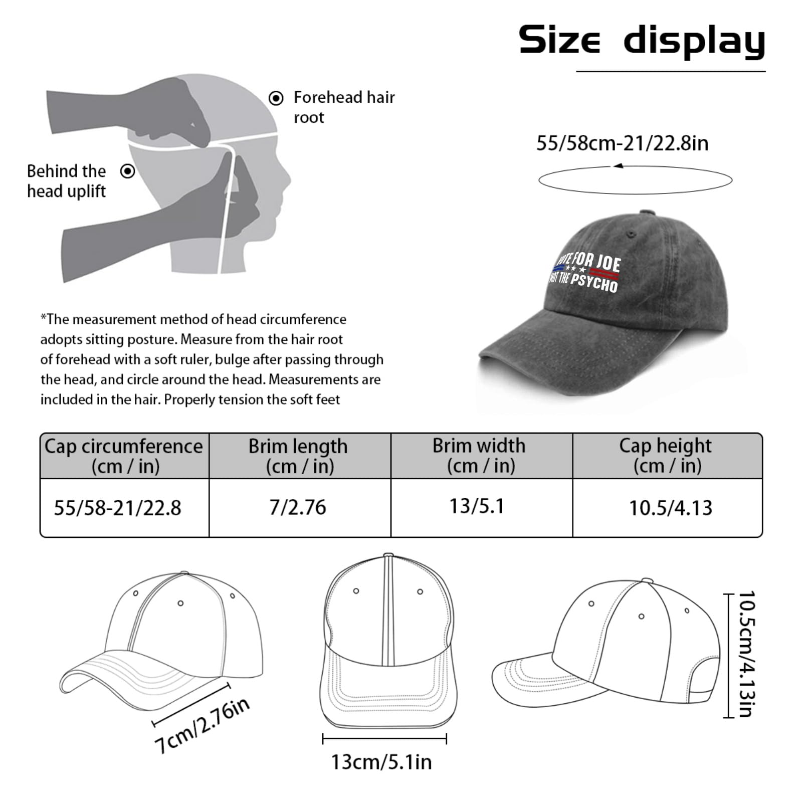 Generic Vote for Joe Not The Psycho Hat for Men Baseball Cap Aesthetic Washed Hiking Hat Fitted, Pigment Black