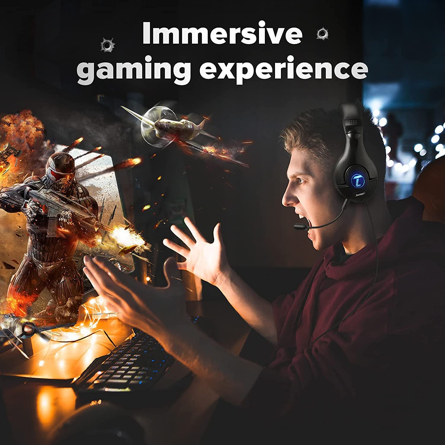 Gaming Headset with Microphone, PC Gaming Headphone for Laptop PS4 Xbox One Nintendo Switch, Noise Canceling UBS Wired Gaming Headsets with Mic, LED Light, THX 7.1 Spatial Surround Sound-G100